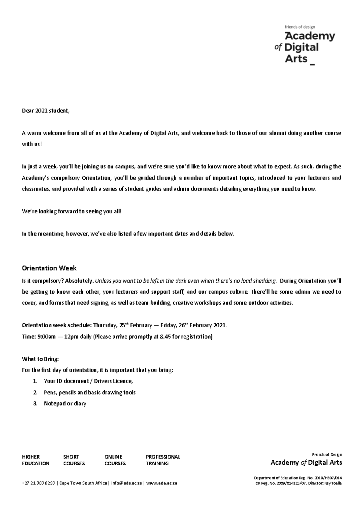 ADA Orientation and Class Notices 2021 - HIGHER EDUCATION SHORT COURSES ...