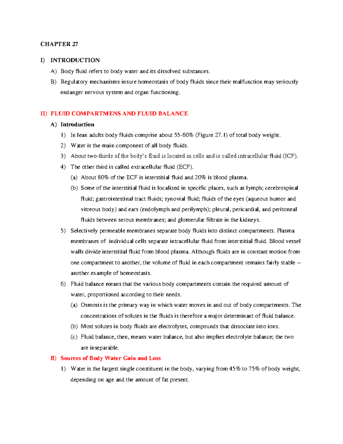 Ch27 Outline - Lecture note - CHAPTER 27 I) INTRODUCTION A) Body fluid refers to body water and ...