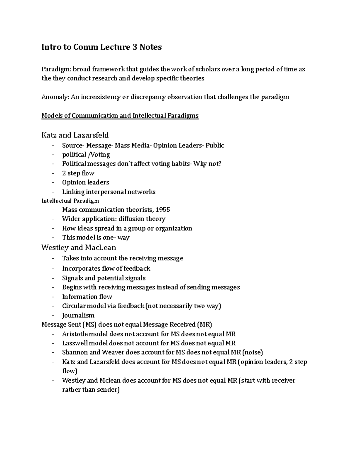 Intro To Comm Lecture 3 Notes Intro To Comm Lecture 3 Notes Paradigm