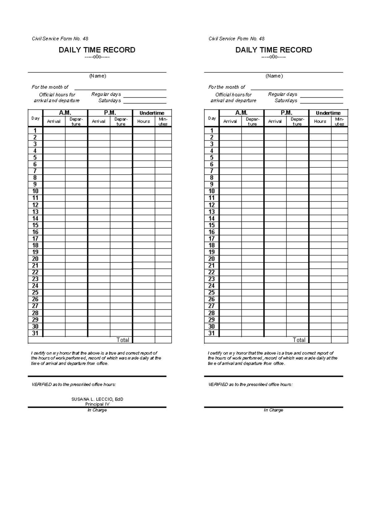 Appendix 24 - Daily Time Record (DTR) - Civil Service Form No. 48 DAILY ...