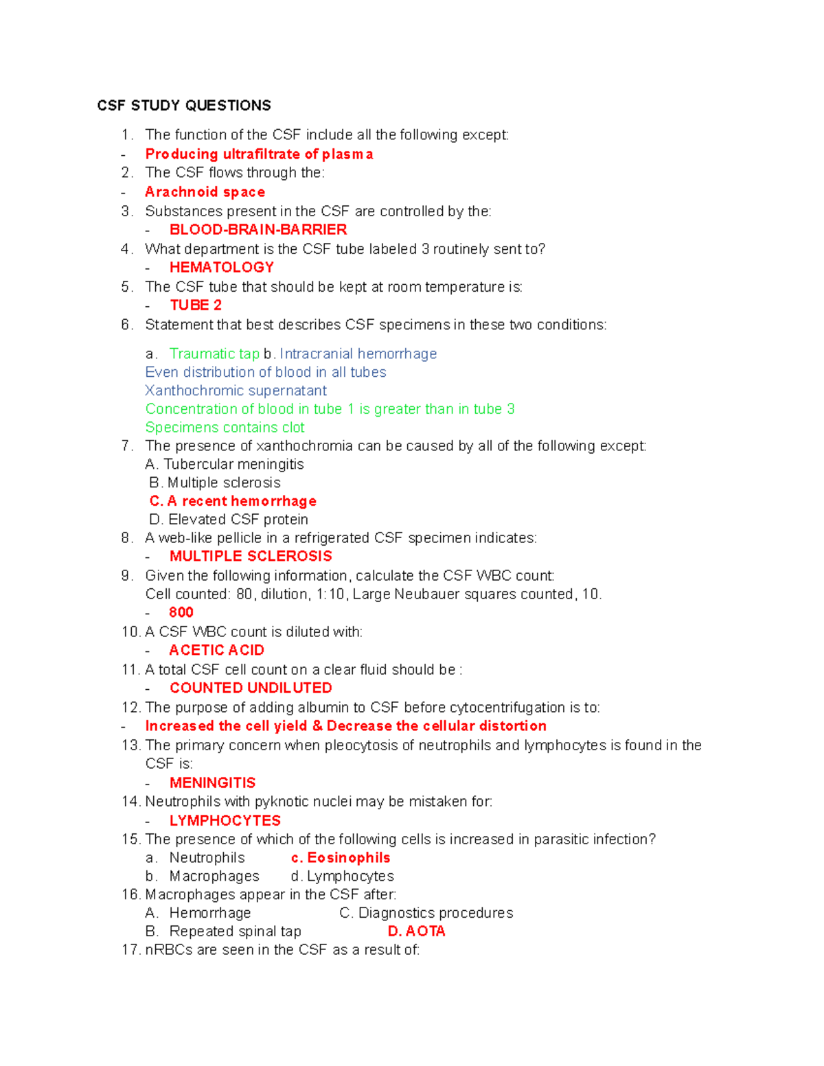 Study Questions - medtech - CSF STUDY QUESTIONS The function of the CSF ...