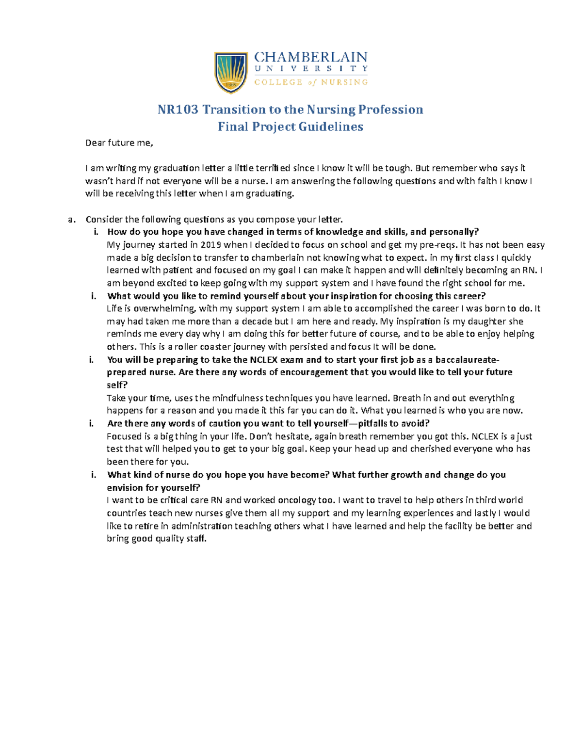 NR103 Final Project Guidelines BSN-OL MAY22 - NR103 Transition to the Nursing Profession Final ...