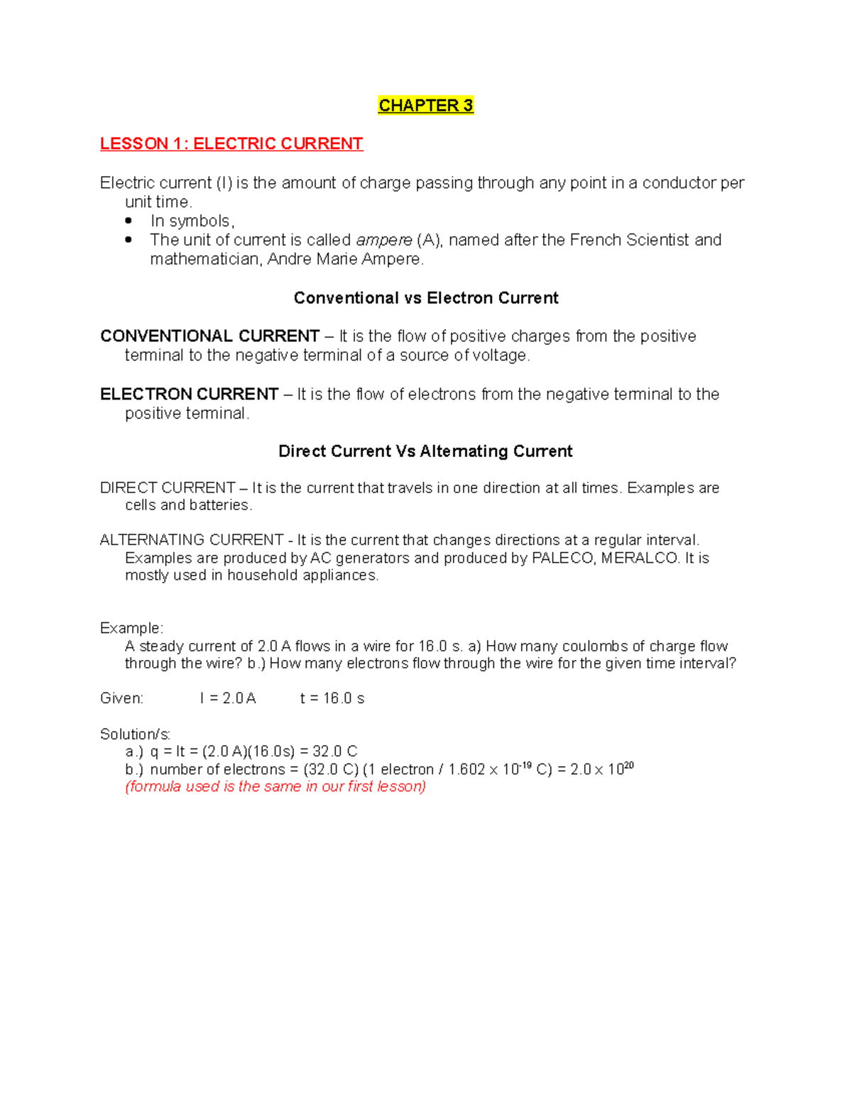 Chapter 3 - General Physics 2 - CHAPTER 3 LESSON 1: ELECTRIC CURRENT ...