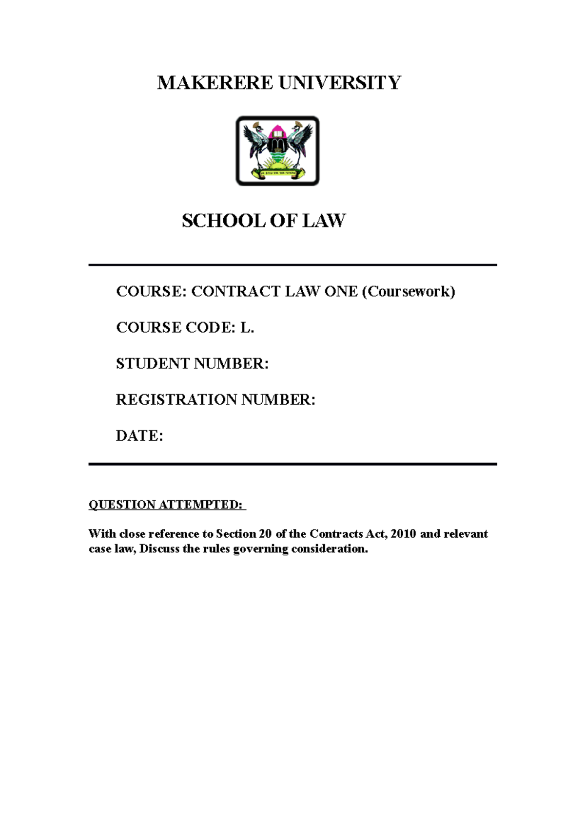 Contract Law Coursework - MAKERERE UNIVERSITY SCHOOL OF LAW COURSE ...