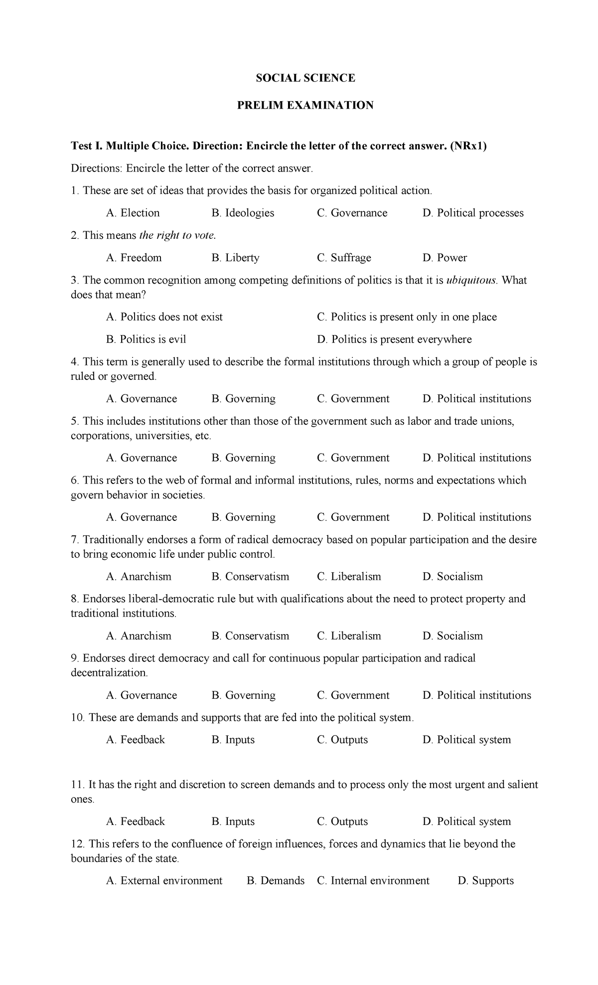 Prelim - A sample examination for Social Science A subject for Senior ...