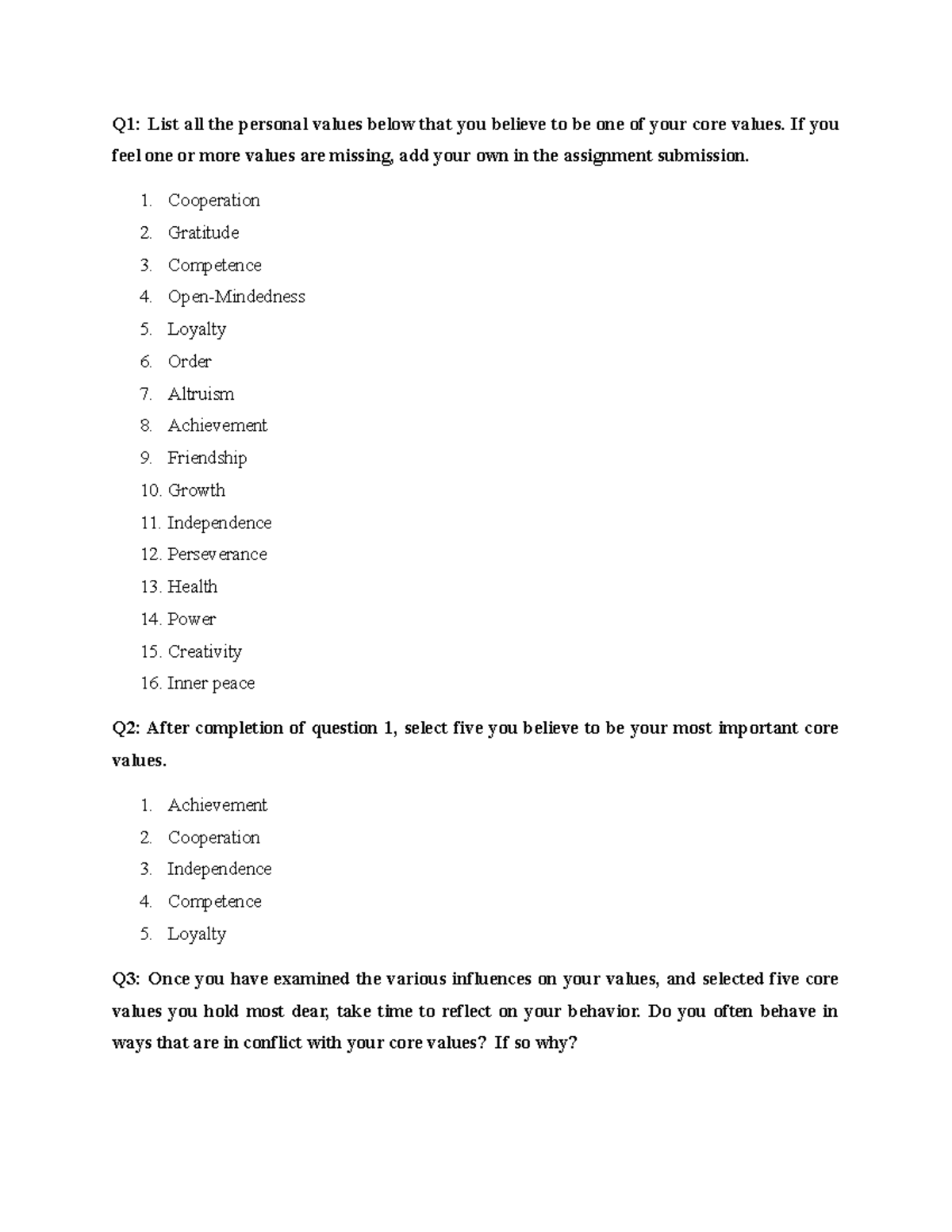 CH 5 Personal Values Assignment - Q1: List all the personal values ...