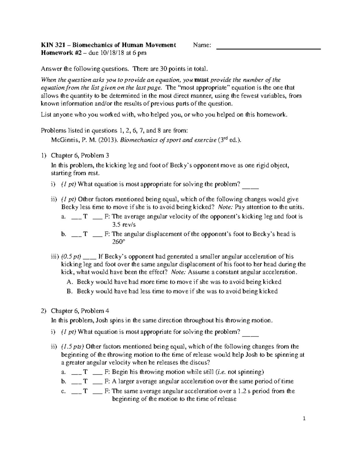 HW2 - assignment 2 - KIN 321 – Biomechanics of Human Movement Name ...