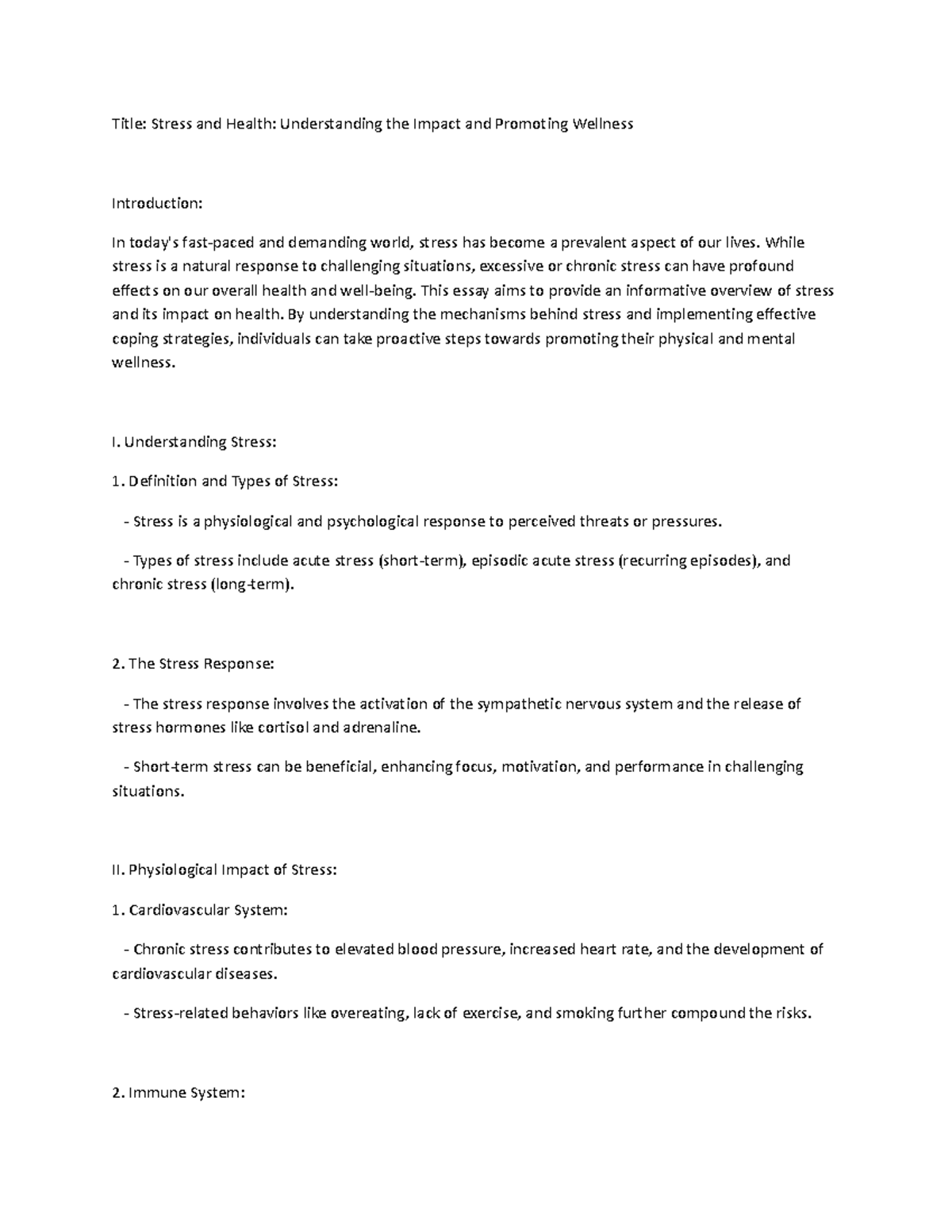 Informative essay - Title: Stress and Health: Understanding the Impact ...