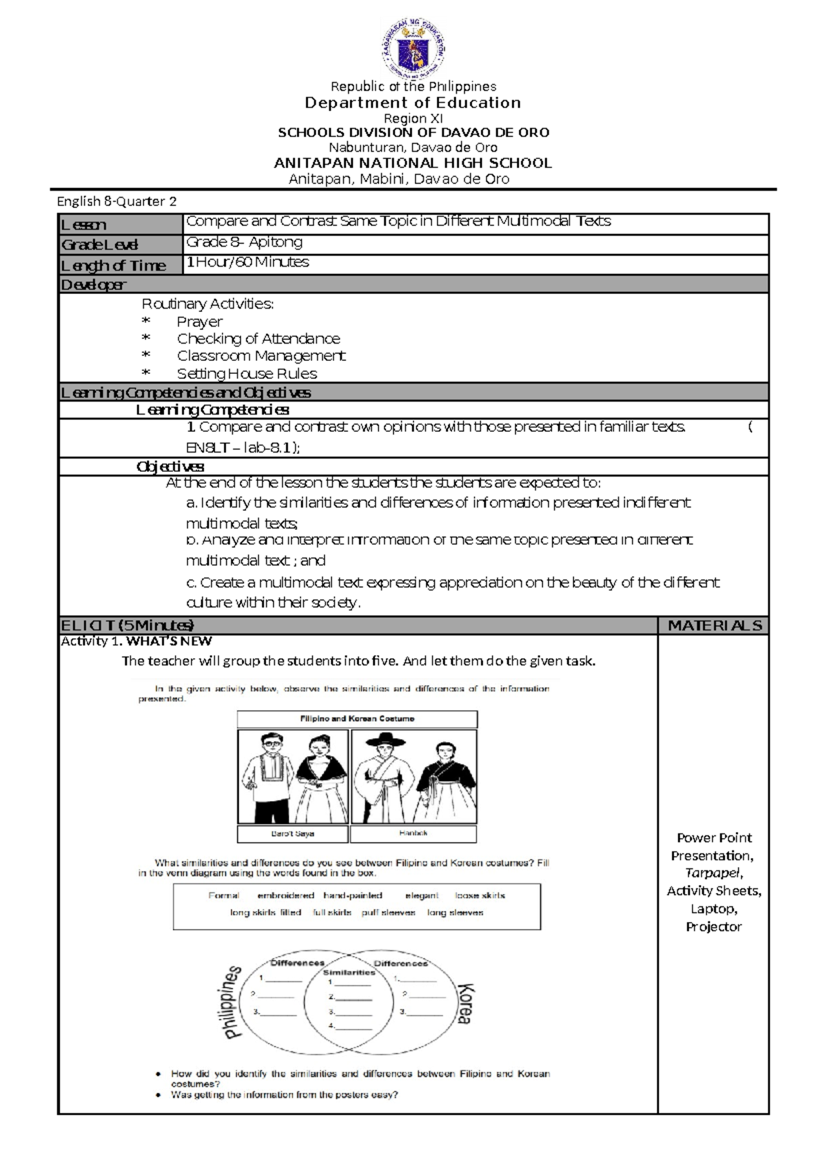 Lesson Plan Grade 8 - Republic of the Philippines Department of ...