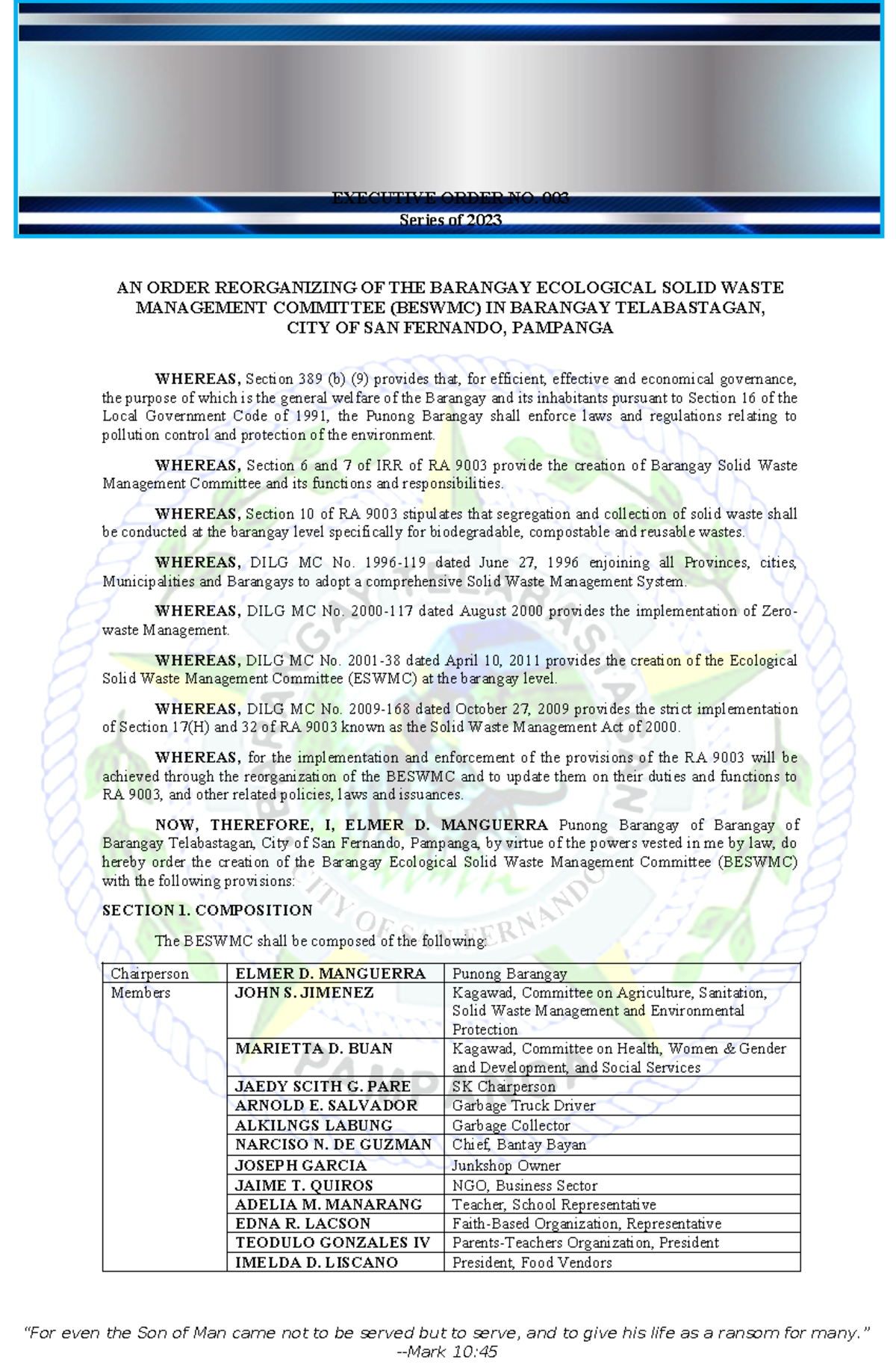 EXECUTIVE ORDER BARANGAY ECOLOGICAL SOLID WASTE MANAGEMENT BARANGAY ...