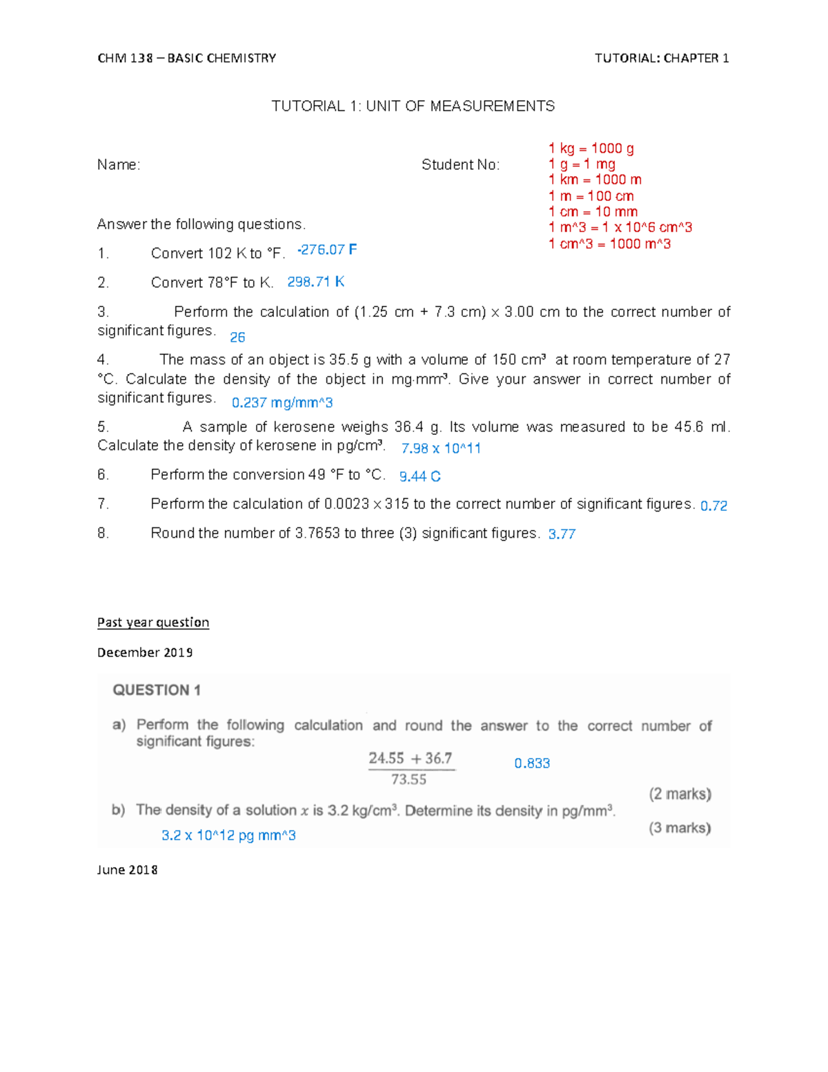Tutorial CHM138 CHP1 - CHM 138 – BASIC CHEMISTRY TUTORIAL: CHAPTER 1 ...