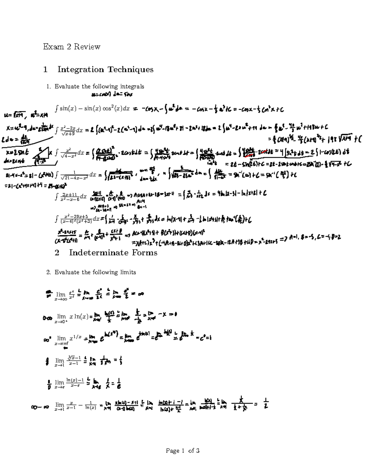 Math 1220 Exam 2 Review Solutions - Exam 2 Review 1 Integration ...