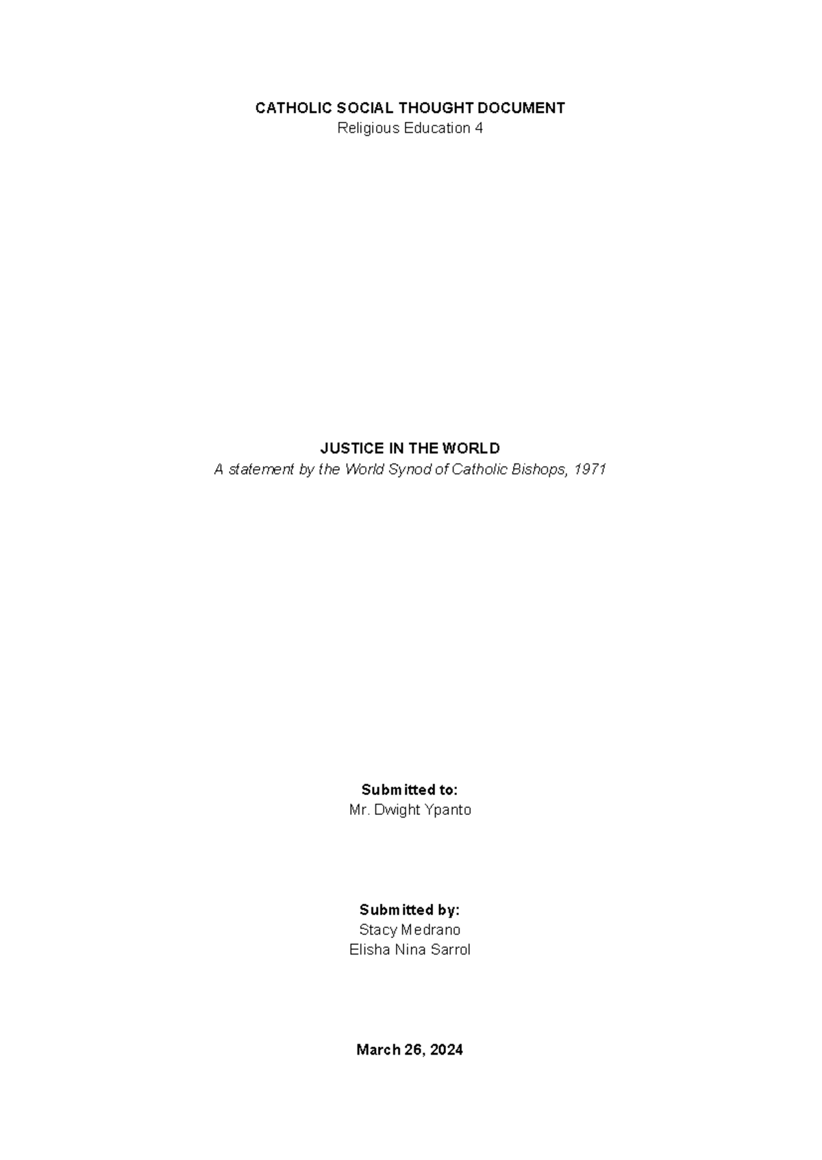 Justice in the World - CATHOLIC SOCIAL THOUGHT DOCUMENT Religious ...