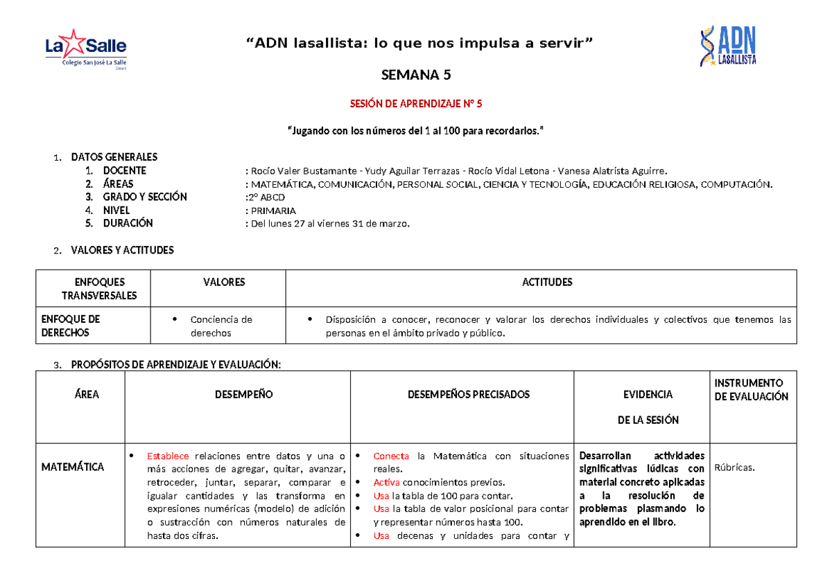 Semana 5 - SEMANA 5 SESIÓN DE APRENDIZAJE N° 5 “Jugando con los números ...