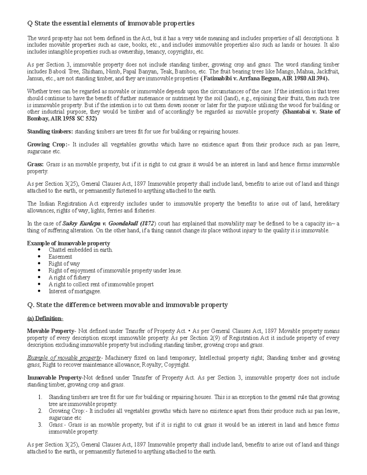 Transfer of Property - Q State the essential elements of immovable ...