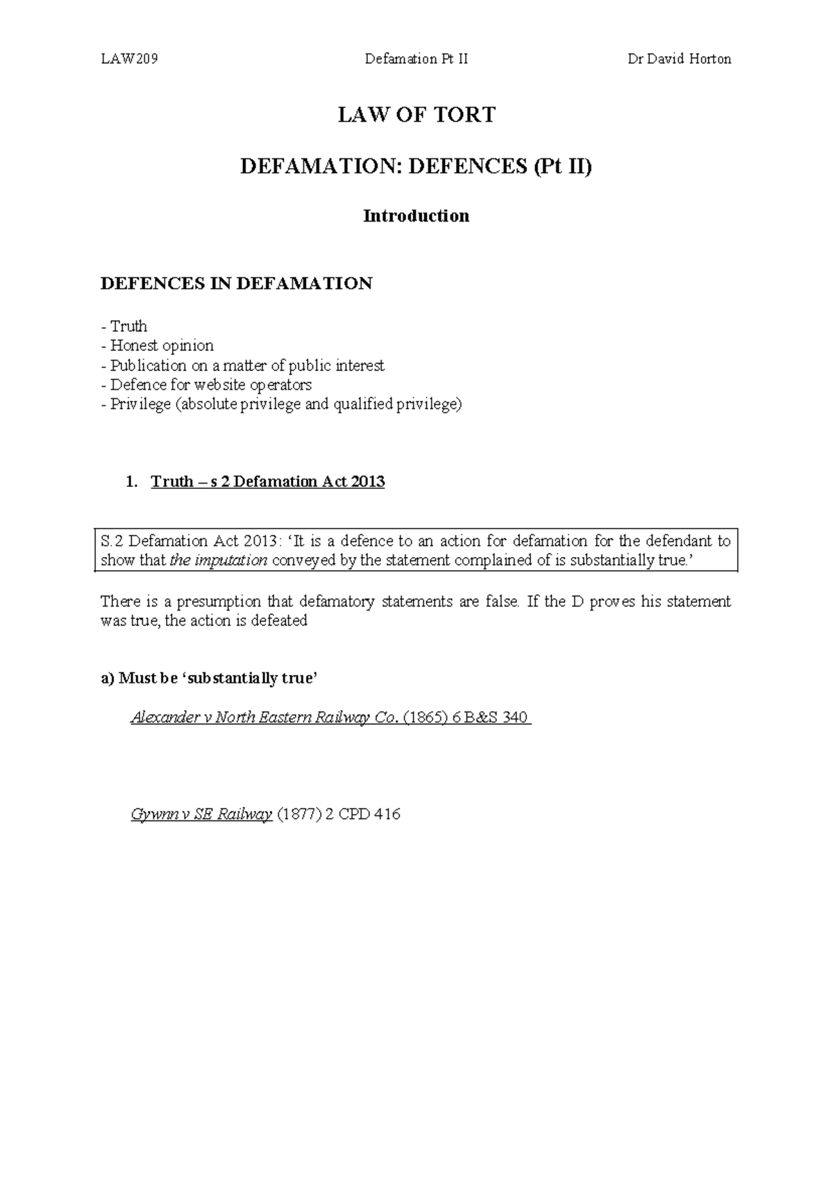 Defamation Pt II Defences Handout 2023 24 - LAW OF TORT DEFAMATION ...