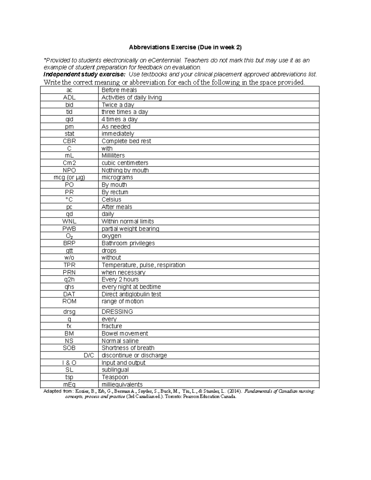 Abbreviations Exercise - Teachers do not mark this but may use it as an ...
