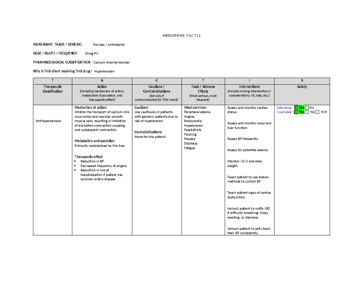 Amlodipine Tactis form - MEDICATIONS: T A C T I S DRUG NAME: TRADE ...