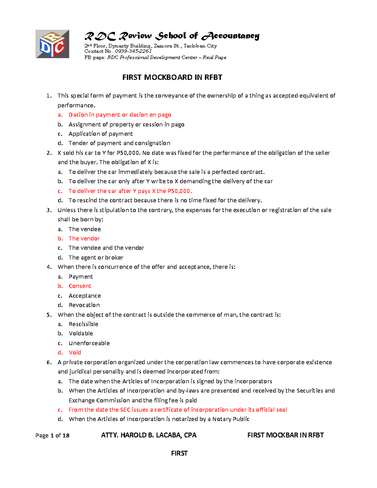 Mock Board - RFBT - THIS MATERIAL IS SUPPLEMENTAL FOR BSA STUDENTS IN ...