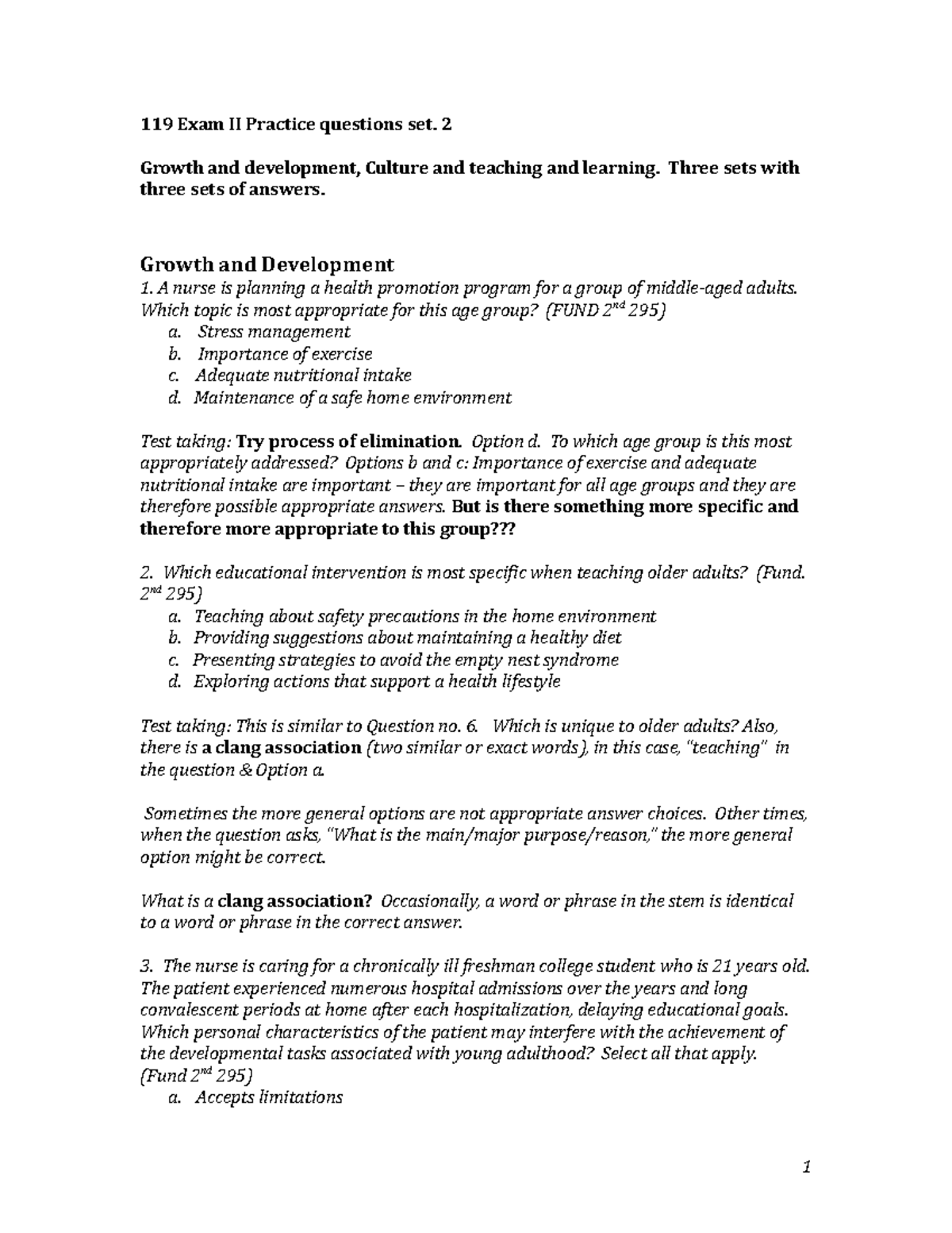 119 Exam II Practice questions set 2 - 2 Growth and development ...
