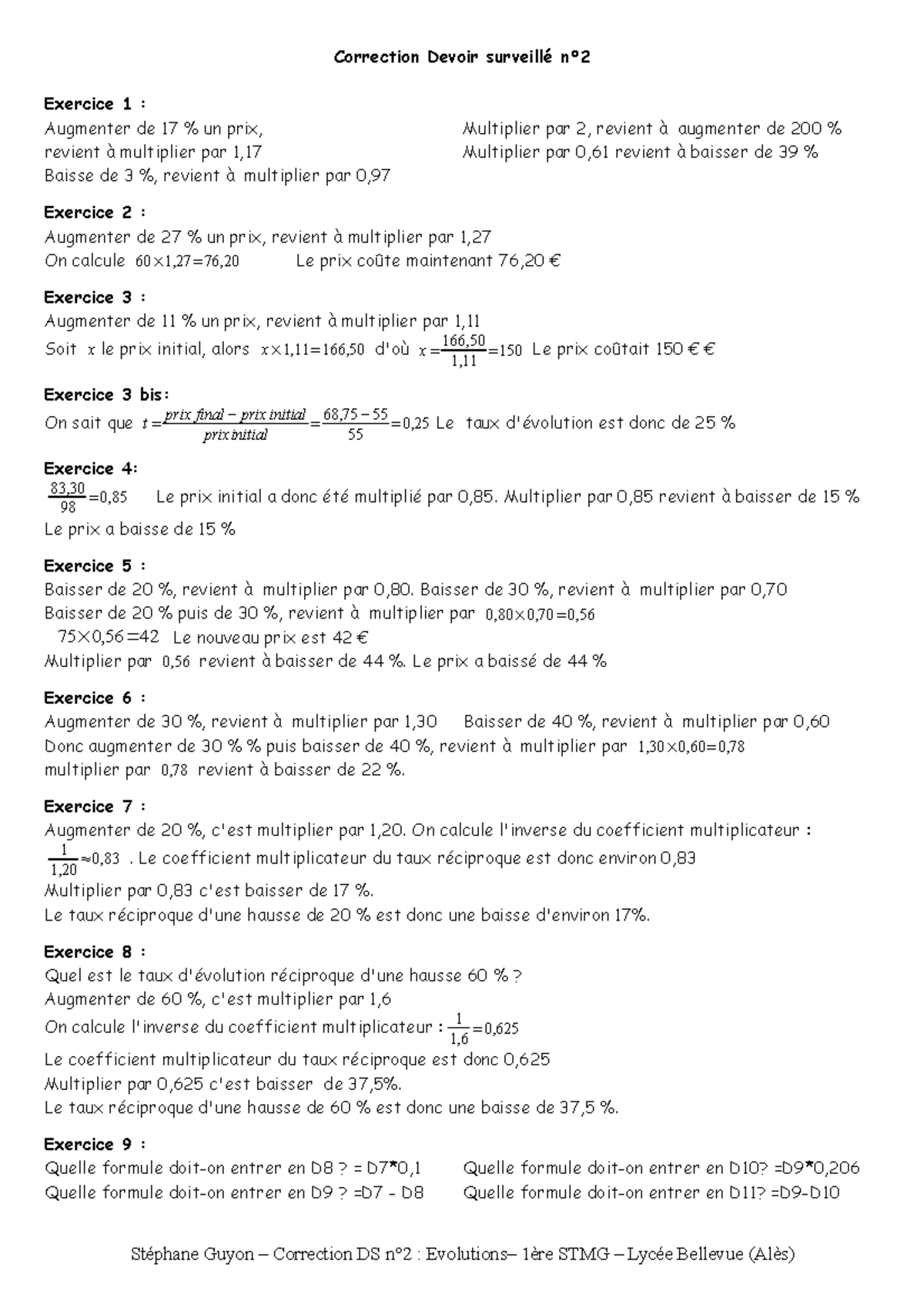 DS2 corr - exercices 1ère stmg - Correction Devoir surveillé n° Exercice 1 : Augmenter de 17 % ...
