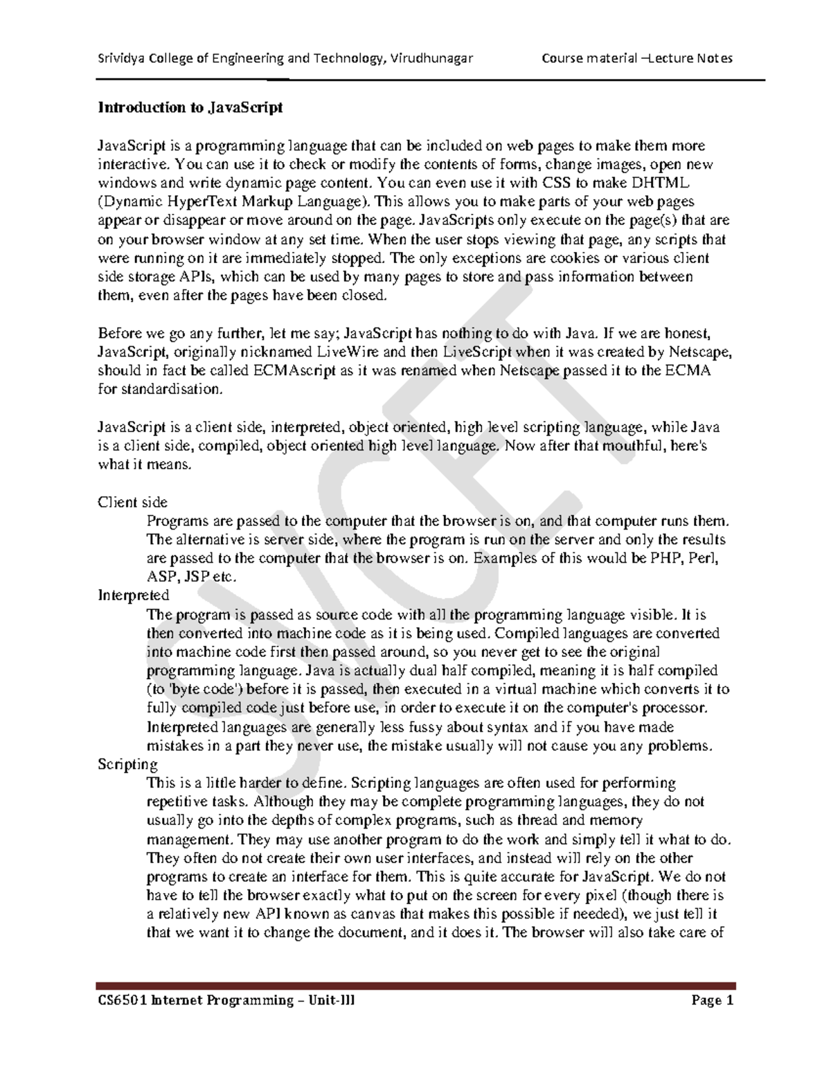 UNIT 3 - sds - Introduction to JavaScript JavaScript is a programming ...