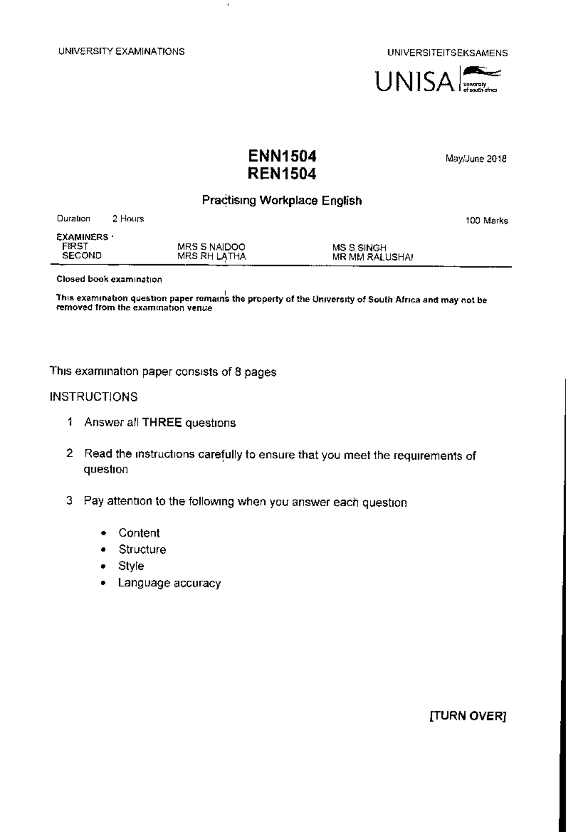 Exam 8 June 2018, questions - ENN1504 - Studocu