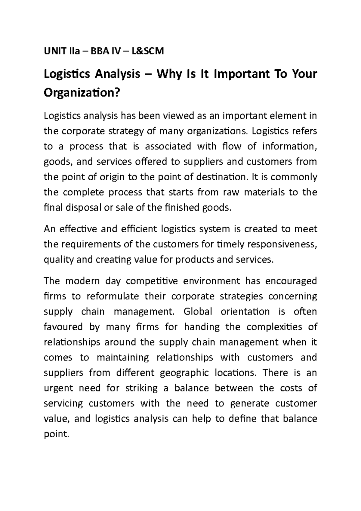 UNIT IIa - Logistics system - UNIT IIa – BBA IV – L&SCM Logistics ...