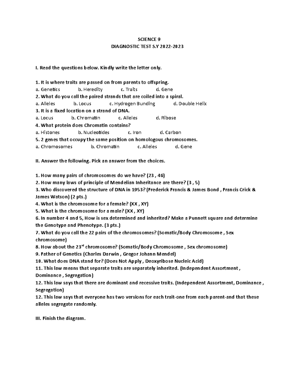 Science 9 - Summary/Test - SCIENCE 9 DIAGNOSTIC TEST S 2022- I. Read ...