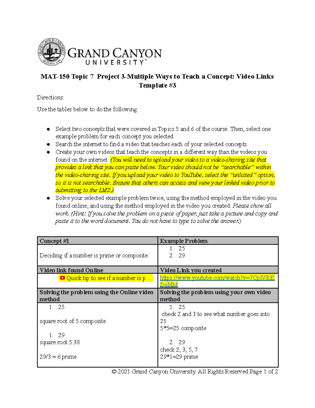 MAT-150-T7-Project 3-Multiple Ways to Teach a Concept Video Links ...