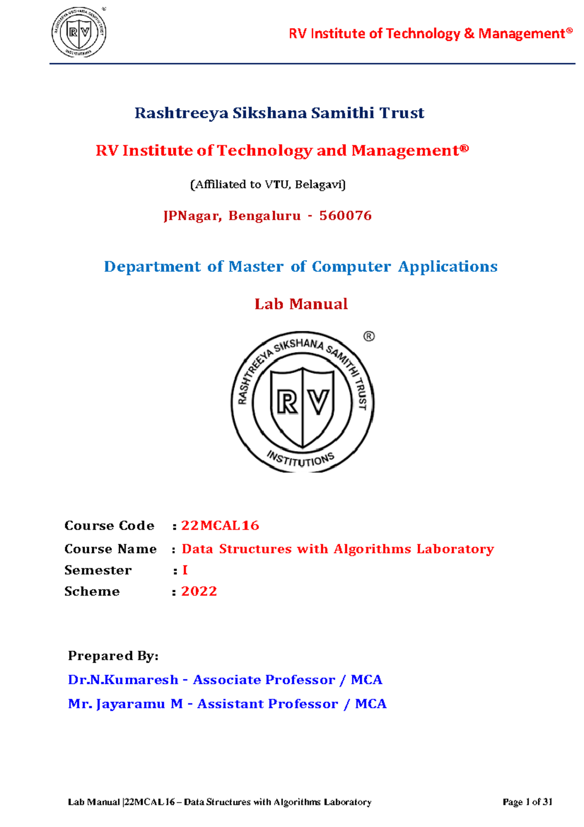 Dsa - Rashtreeya Sikshana Samithi Trust RV Institute of Technology and ...