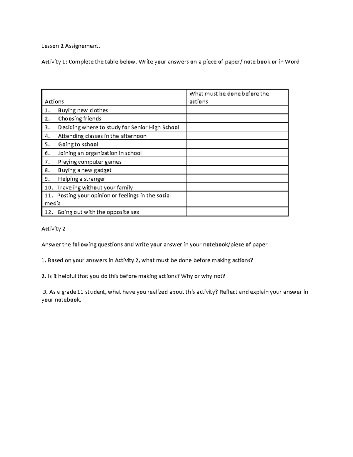 Lesson 2 Assignment - philo - Lesson 2 Assignement. Activity 1 ...