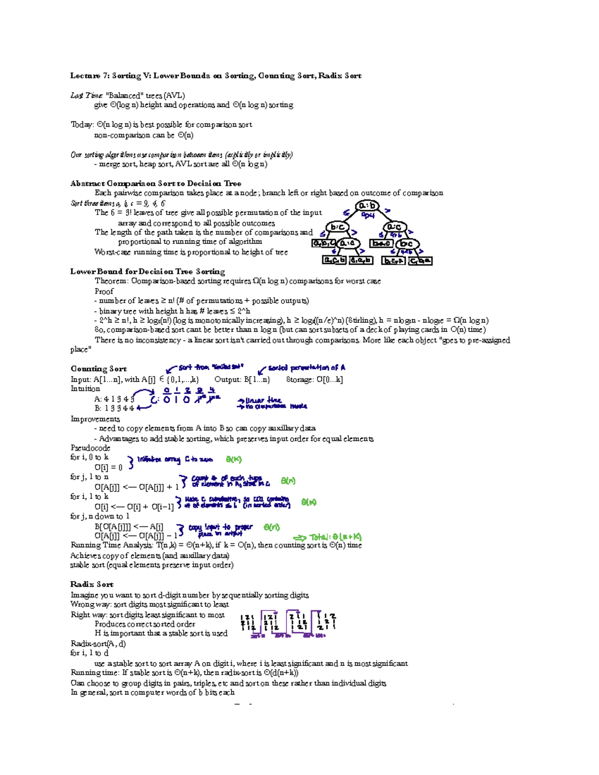 Lecture 7 Sorting 5 Feb 25 2016 Lecture 7 Sorting V Lower Bounds On Sorting Counting Sort
