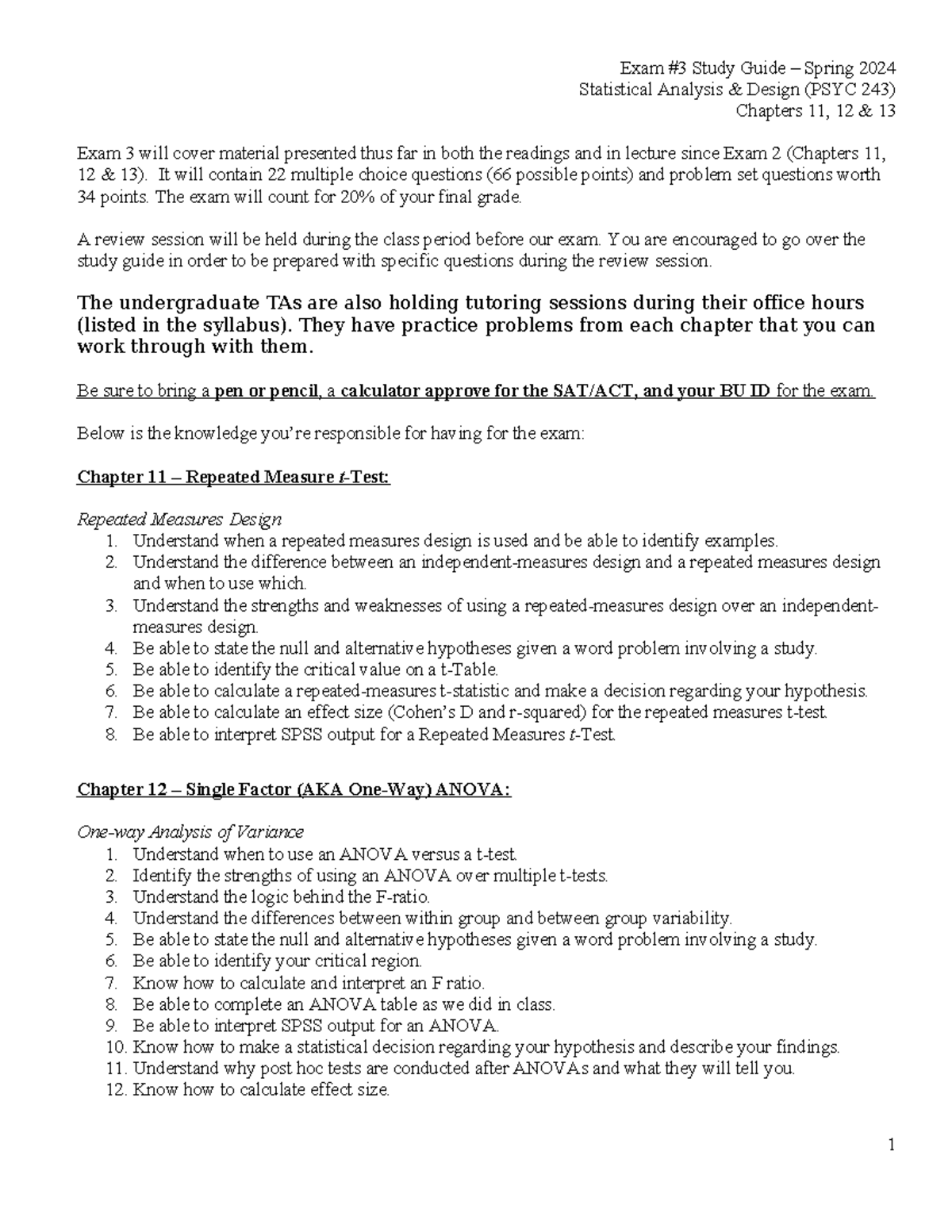 Study Guide Stats Exam 3 Spring 24 - Statistical Analysis & Design ...