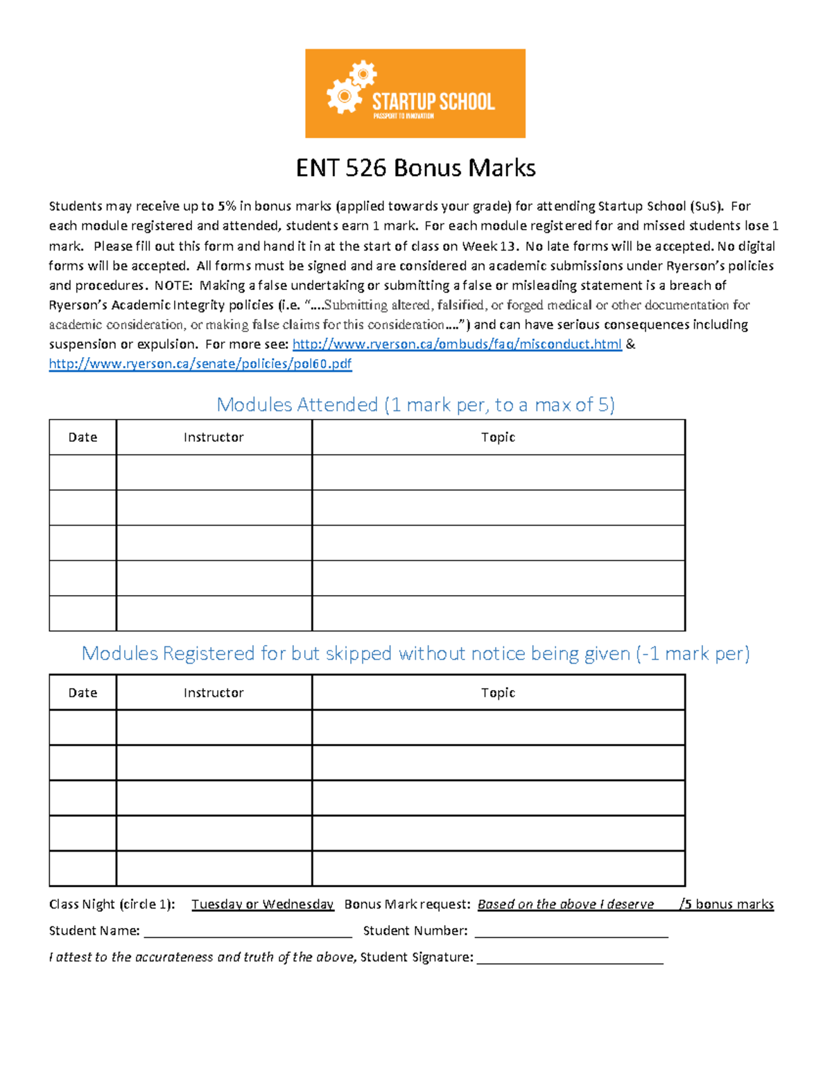 ENT 526 Bonus Marks form - ENT 526 Bonus Marks Students may receive up ...