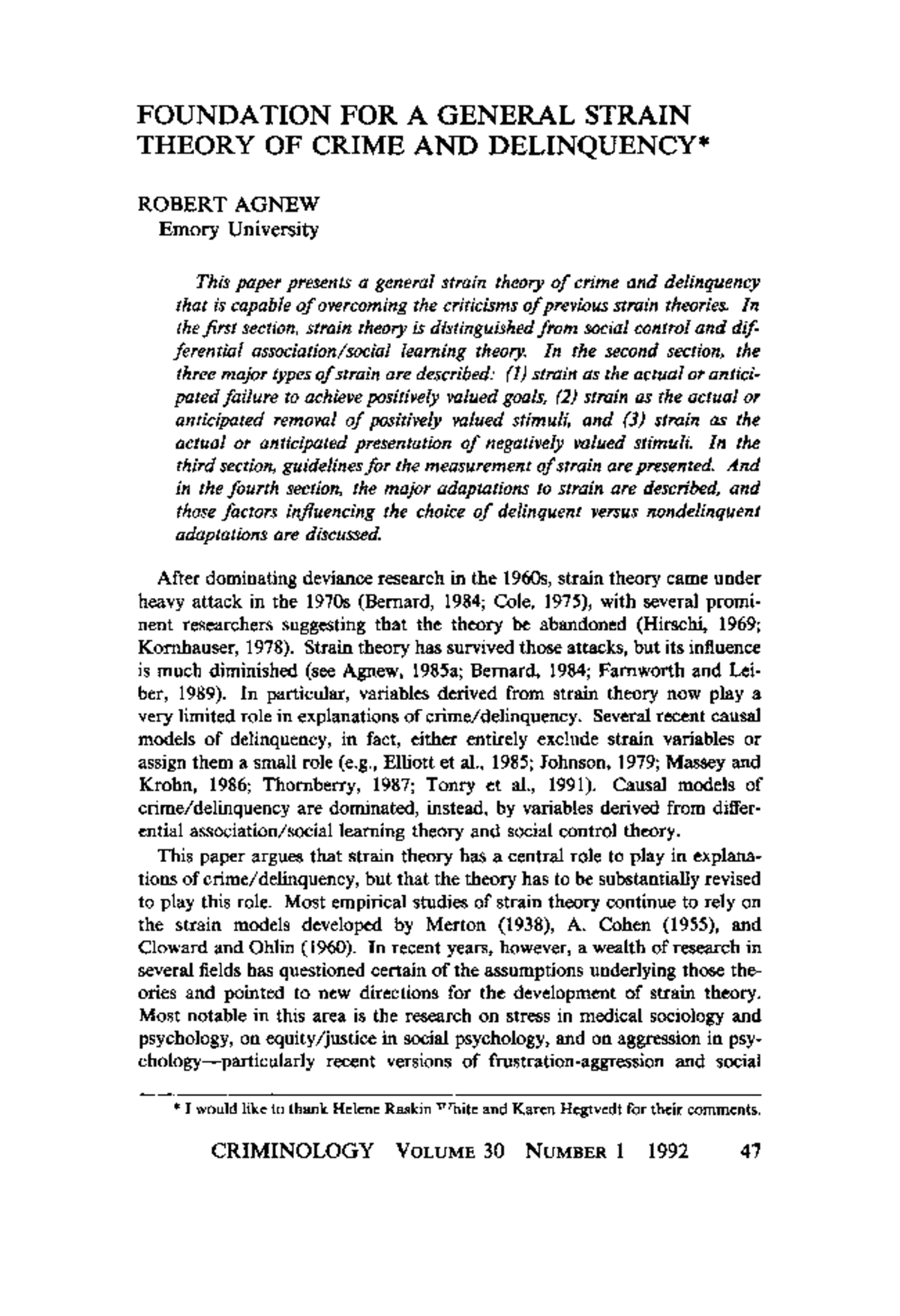 Agnew 1992 - a reading for soc 441 - FOUNDATION FOR A GENERAL STRAIN ...