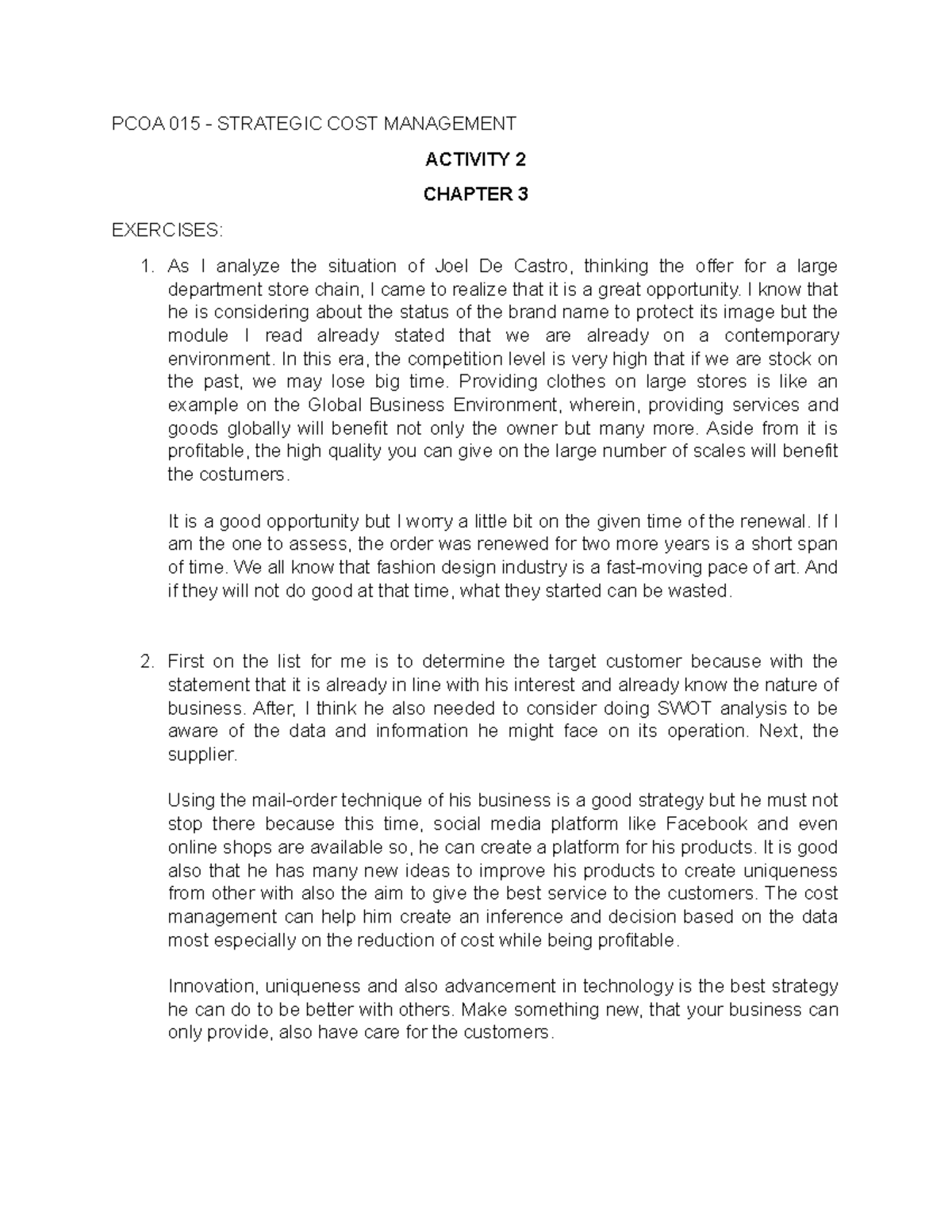 Activity 1. Cost Accounting and Control (Case Analysis - Essay) - PCOA ...