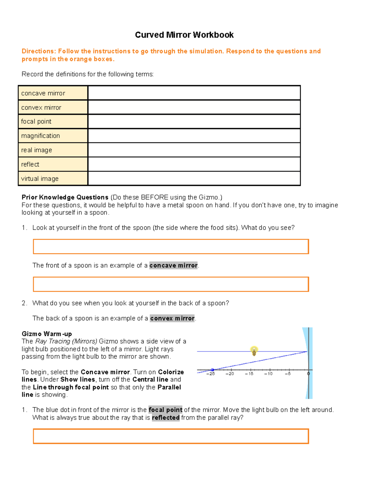 Curved Mirror Workbook Part A - Curved Mirror Workbook Directions ...