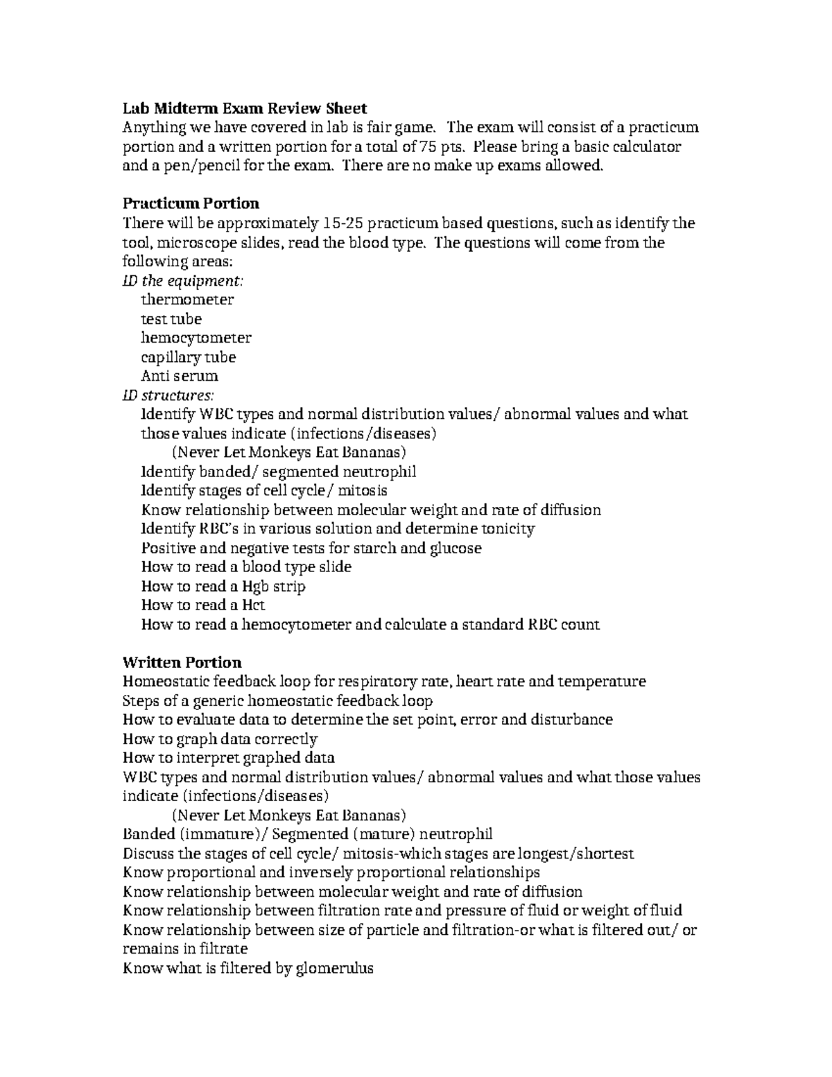 Lab Midterm Exam Review Sheet F14-1-2 - Lab Midterm Exam Review Sheet Anything we have covered ...
