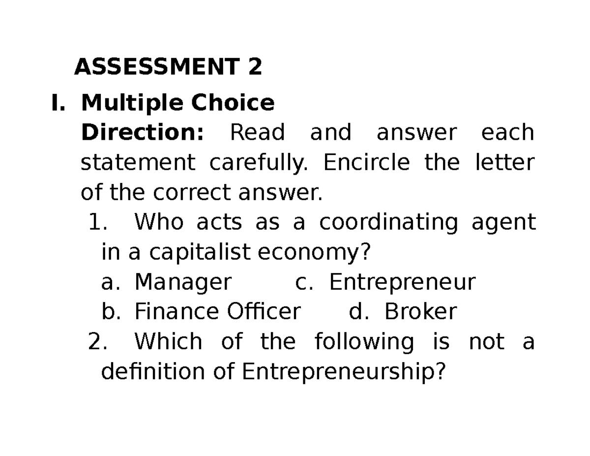 Assessment 2 - ASSESSMENT 2 I. Multiple Choice Direction: Read and ...