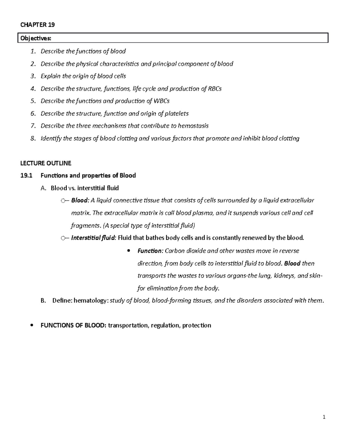 Exam 1 ch19 Blood - Lecture notes 1-3 - CHAPTER 19 Objectives: 1 ...