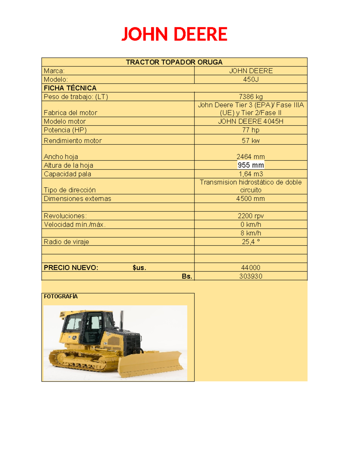 Fichas Tecnicas DE Maquinaria - JOHN DEERE TRACTOR TOPADOR ORUGA Marca: JOHN DEERE Modelo: 450J ...