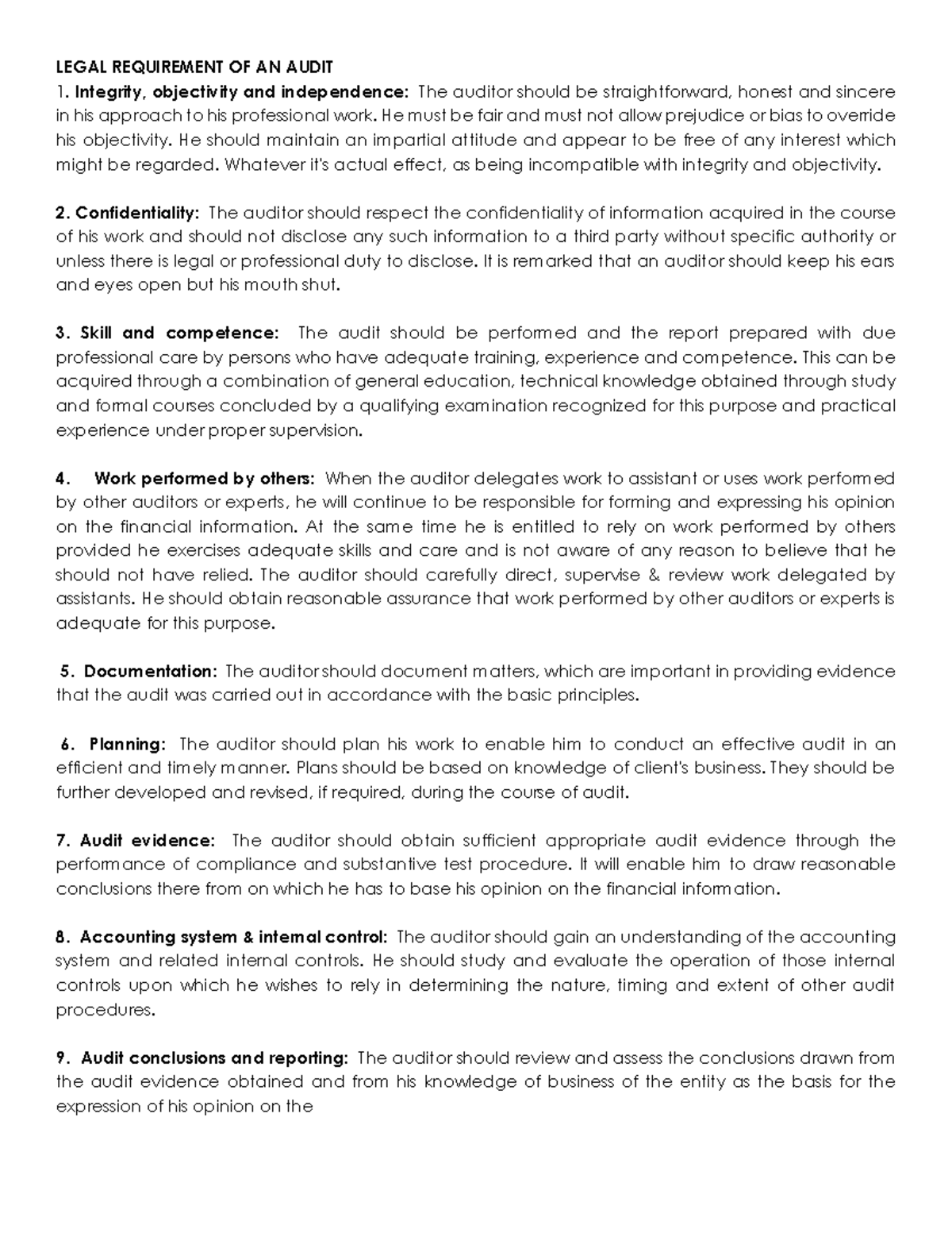 Audit Notes - LEGAL REQUIREMENT OF AN AUDIT Integrity, objectivity and ...