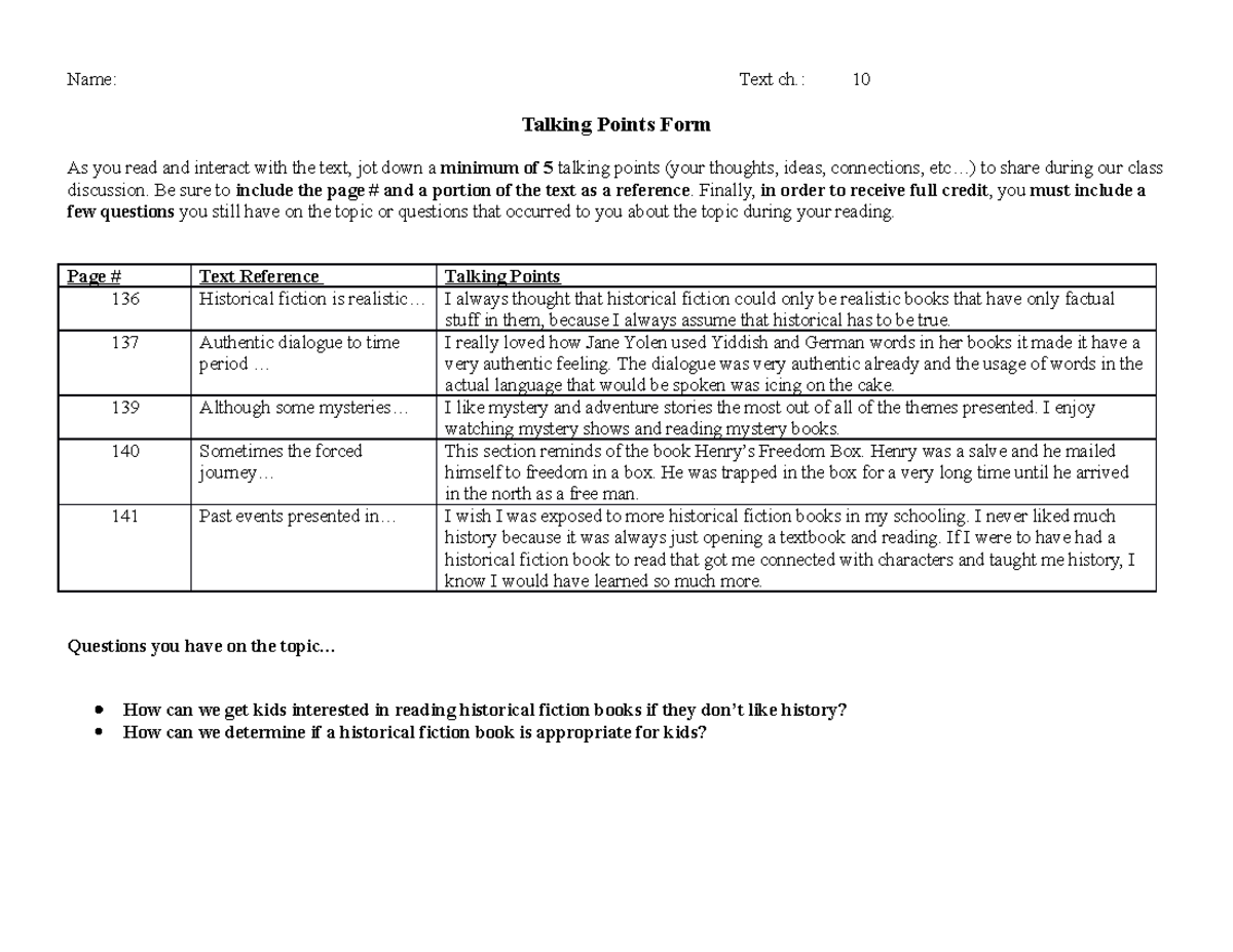 Talking Points 10 - Name: Text ch.: 10 Talking Points Form As you read ...