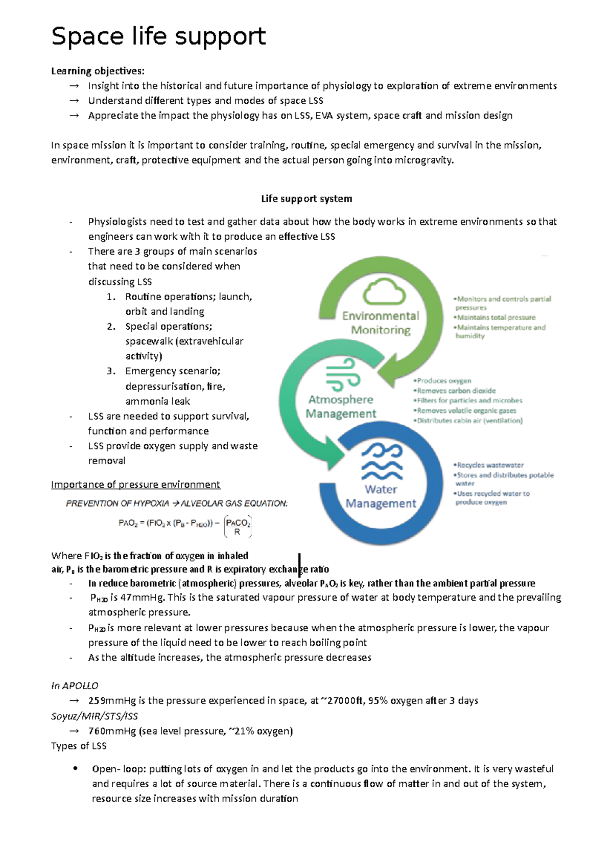 Space life support - Lecture notes 1 - Space life support Learning ...