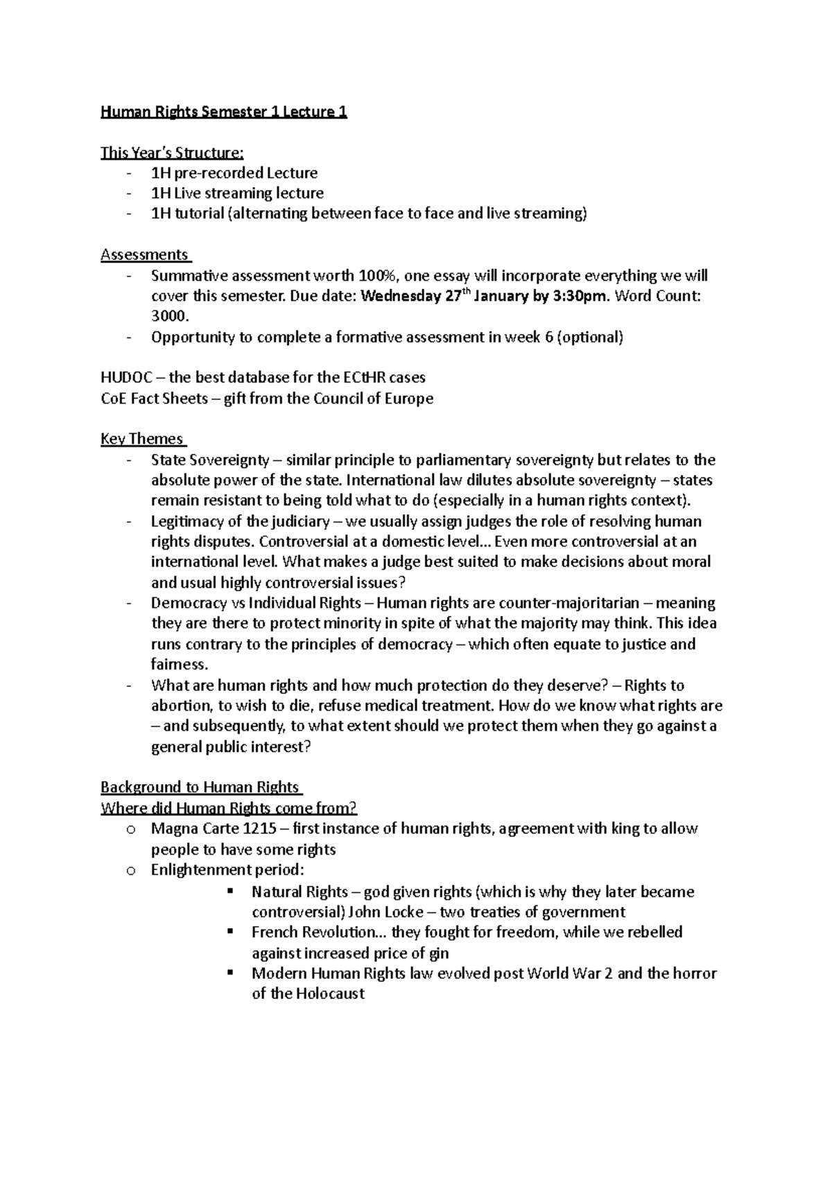 Human Rights Lecture 1 - Human Rights Semester 1 Lecture 1 This Year’s ...