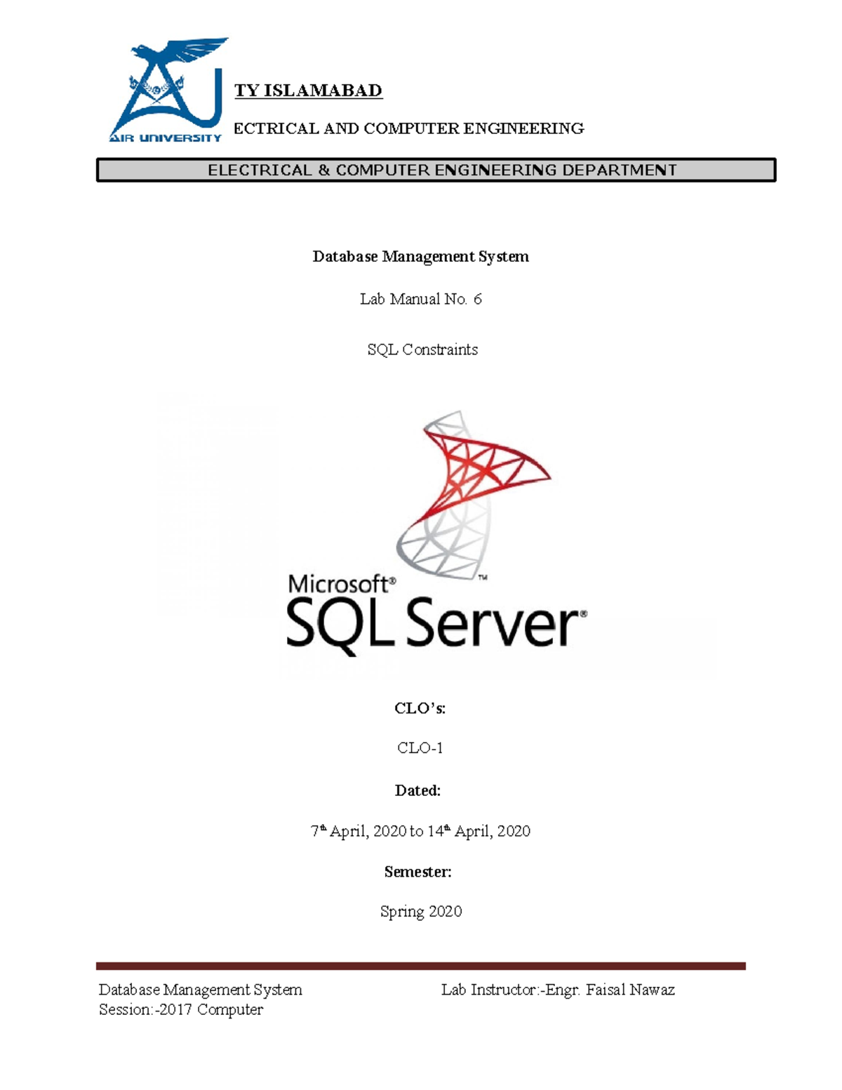 06 - DBS - Lab Manual - SQL Constraints - FACULTY OF ELECTRICAL AND COMPUTER ENGINEERING ...