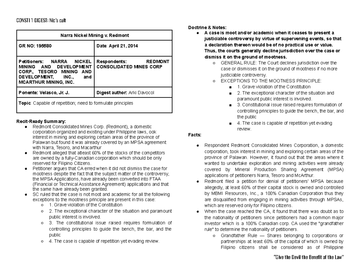 30. Narra Nickel Mining v. Redmont - CONSTI 1 DIGEST: Nic’s cult Narra ...