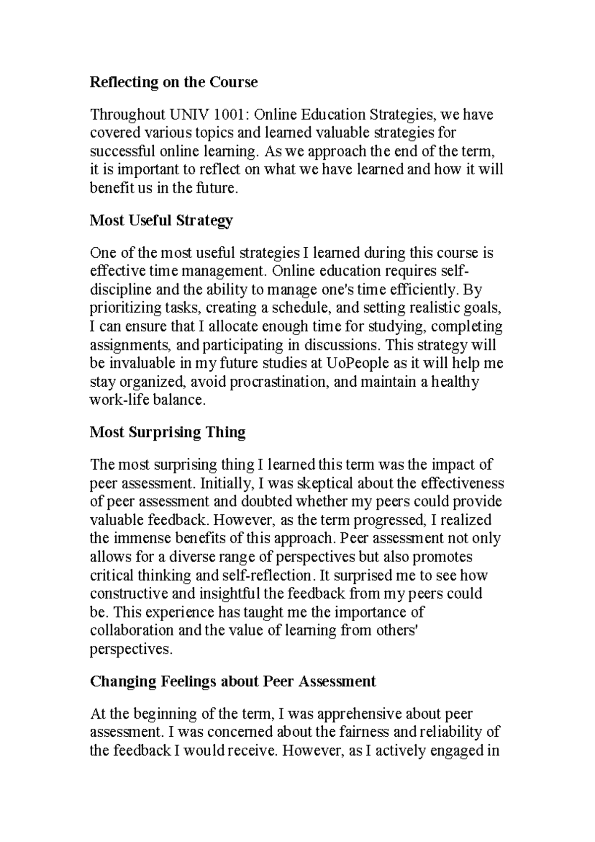 Learning Journal Unit 8 - Reflecting on the Course Throughout UNIV 1001 ...