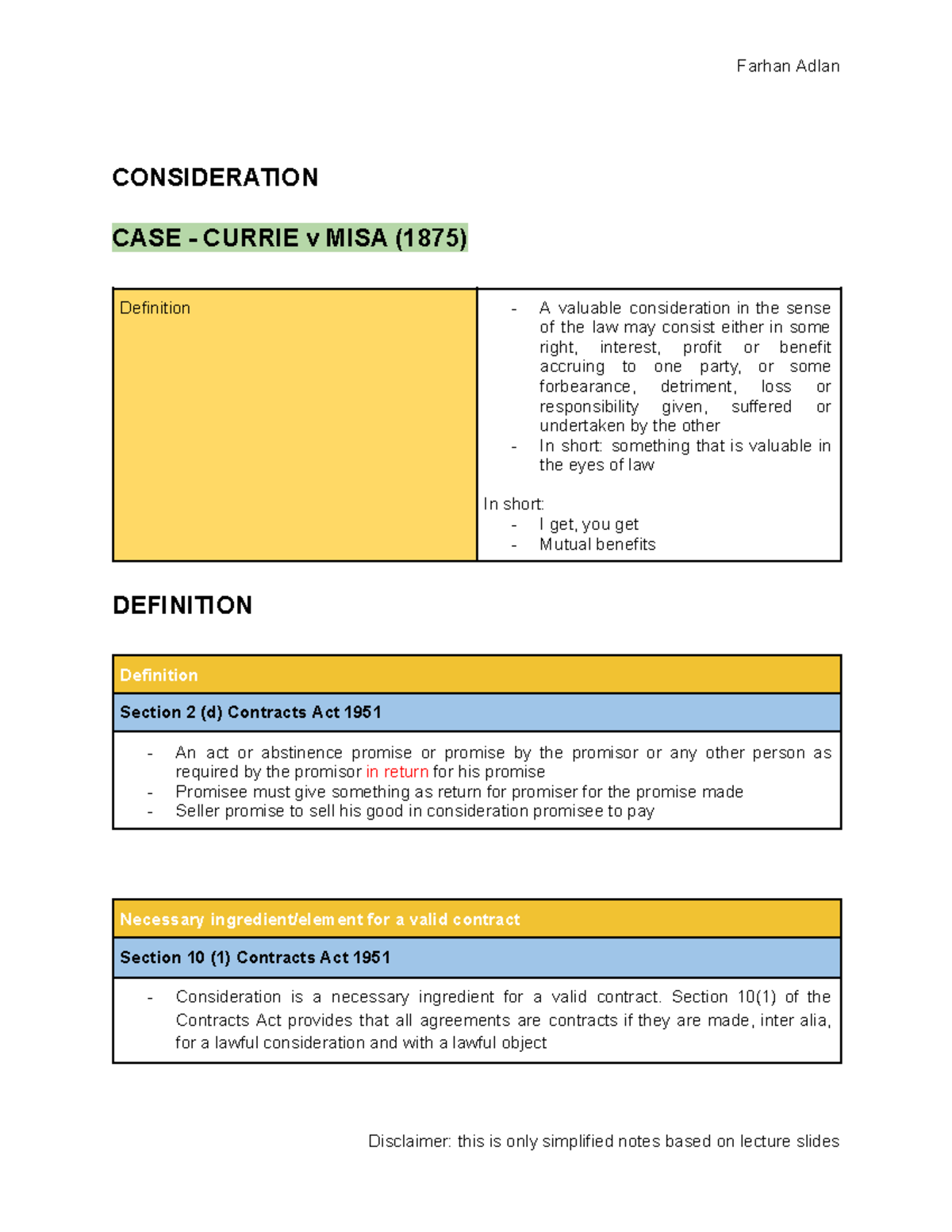 LIA1004 - Consideration - CONSIDERATION CASE - CURRIE v MISA (1875 ...